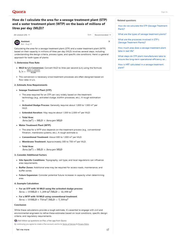 How Do I Calculate The Area For A Sewage Treatment Plant (STP) and A ...