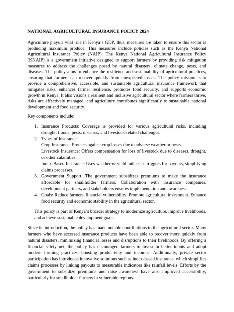 Kenya National Agricultural Insurance 2024 | PDF | Agriculture ...