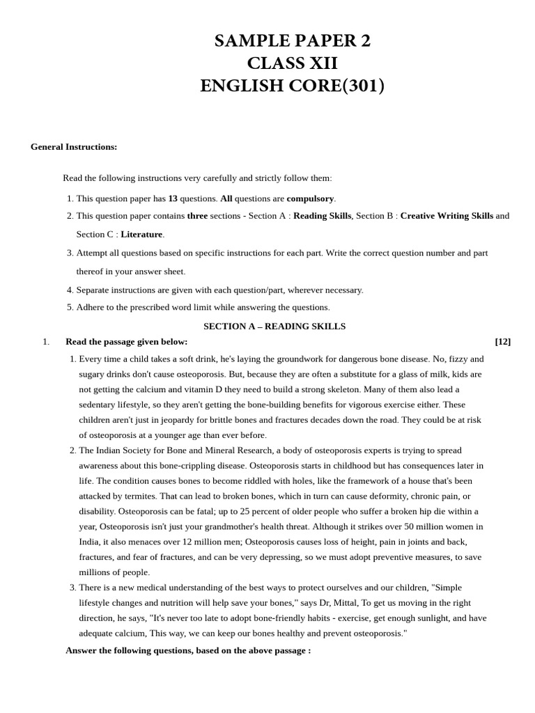 12english Sample Paper 2 | PDF | Osteoporosis | Bone