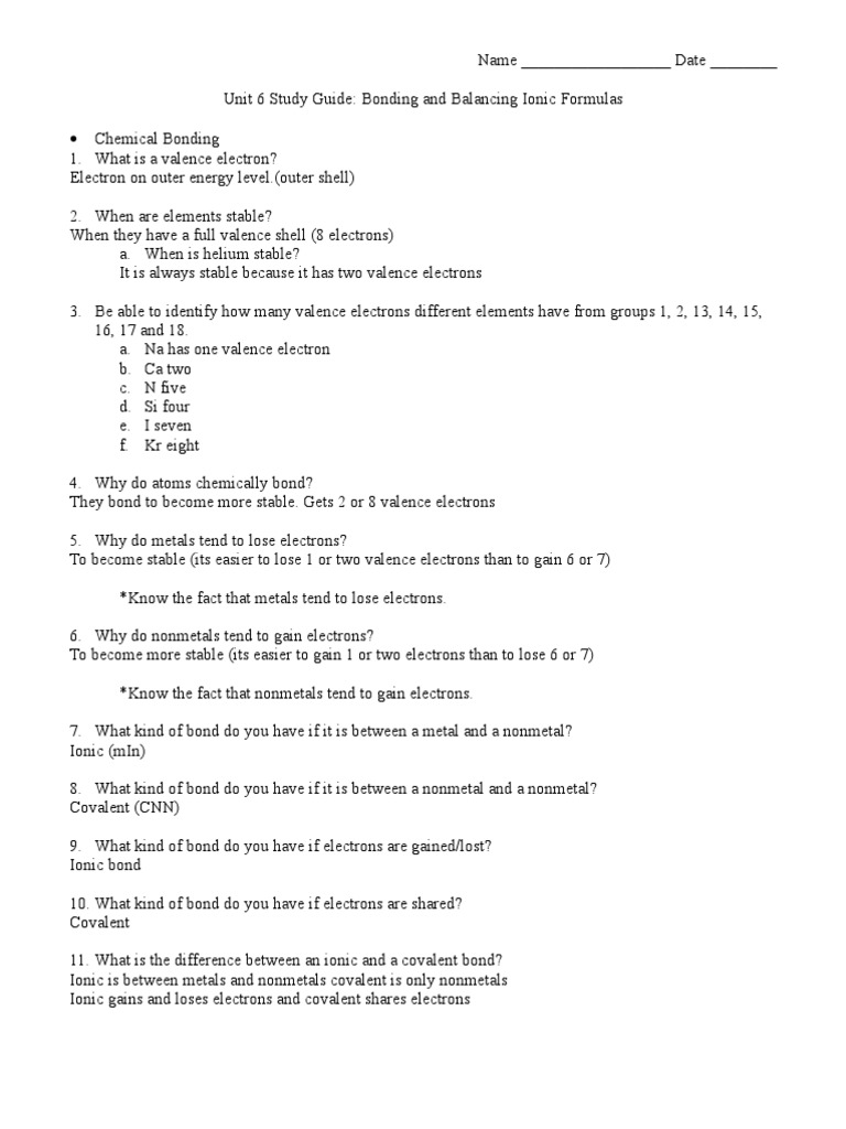 Unit 6 Study Guide Answers | PDF | Covalent Bond | Chemical Compounds