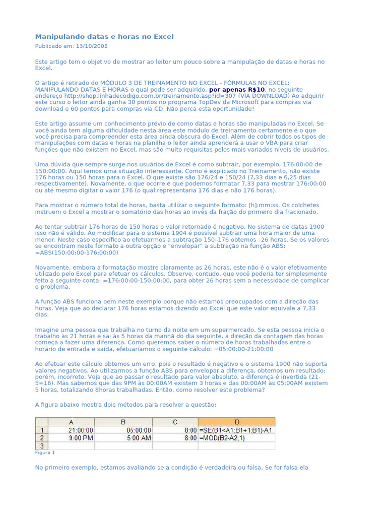 Manipulação de Datas e Horas no Excel | PDF | Microsoft Excel | Cálculo