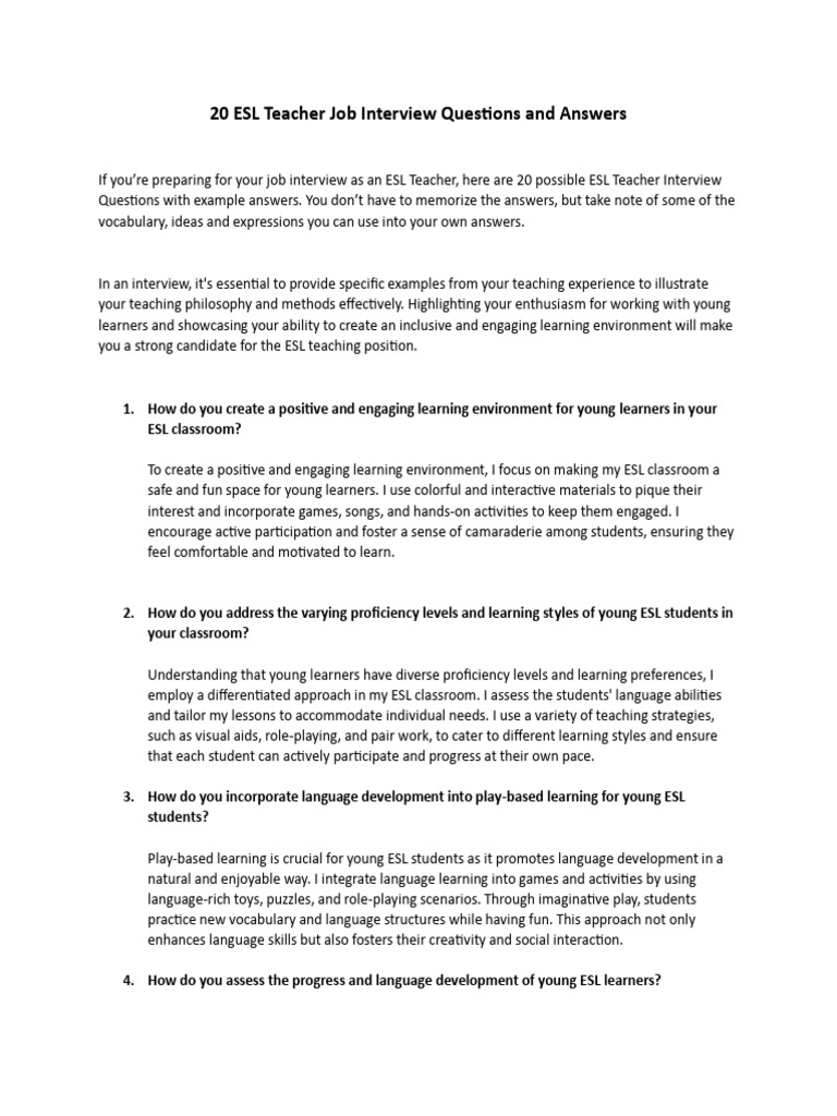 20 ESL Teacher Job Interview Questions | PDF | English As A Second Or ...