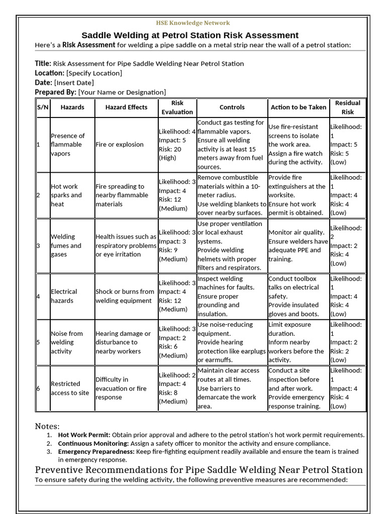 Saddle Welding at Petrol Station Risk Assessment | PDF | Welding | Construction