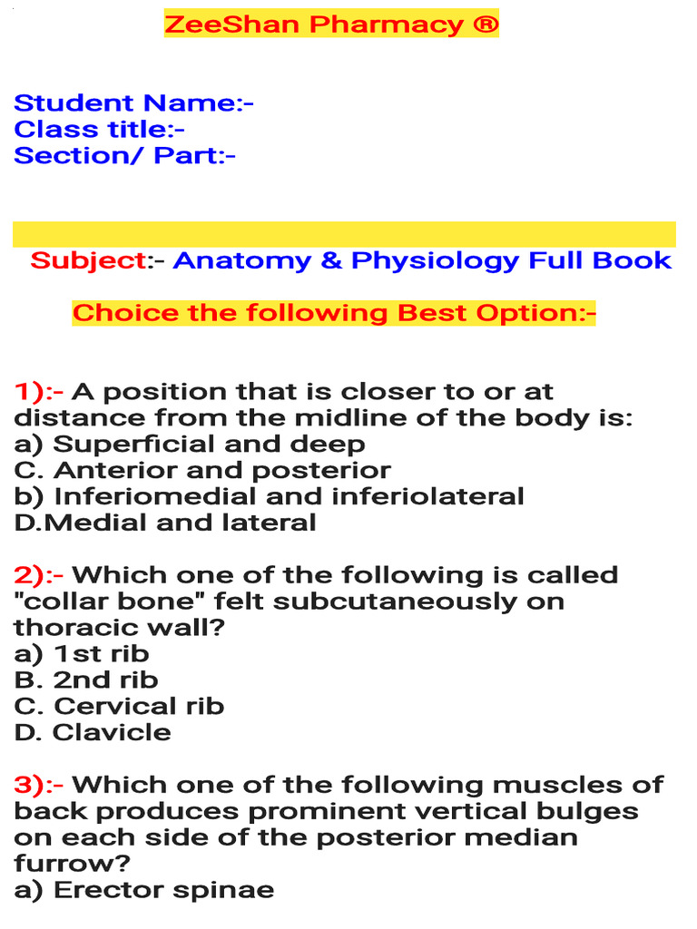 Test No# 01 Anatomy and Physiology Full Book Test | PDF | Anatomical ...