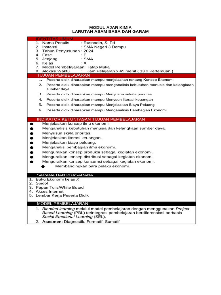 Sumarni_modul Ajar Kimia Xii_larutan Asam -Basa-garam Ganjil 2024 (1) Ok | PDF