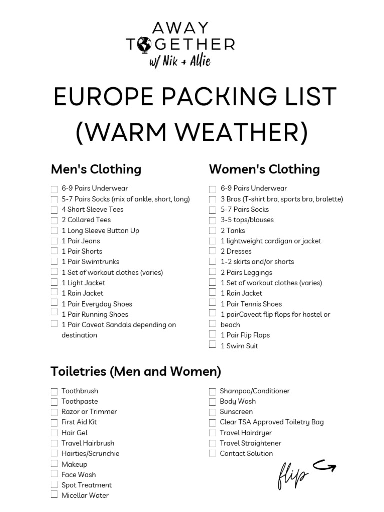 Europe Packing List Warm Weather | PDF
