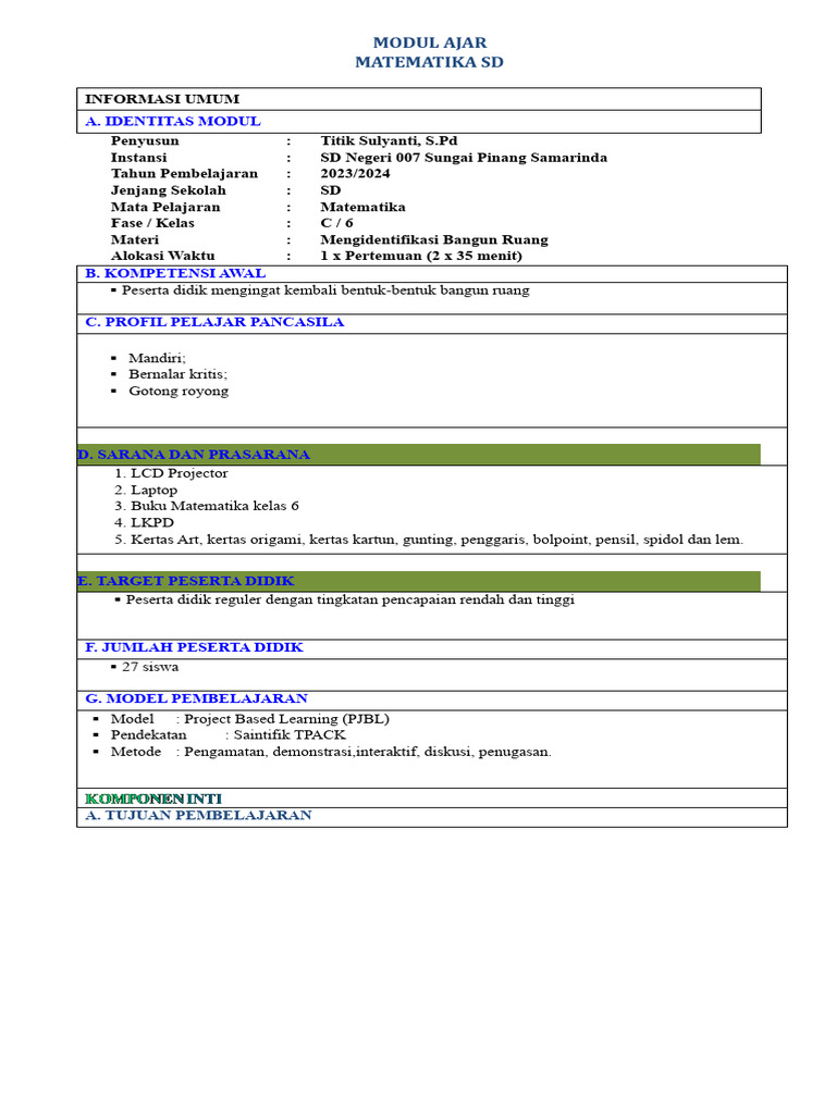 MODUL AJAR MTK[1] | PDF