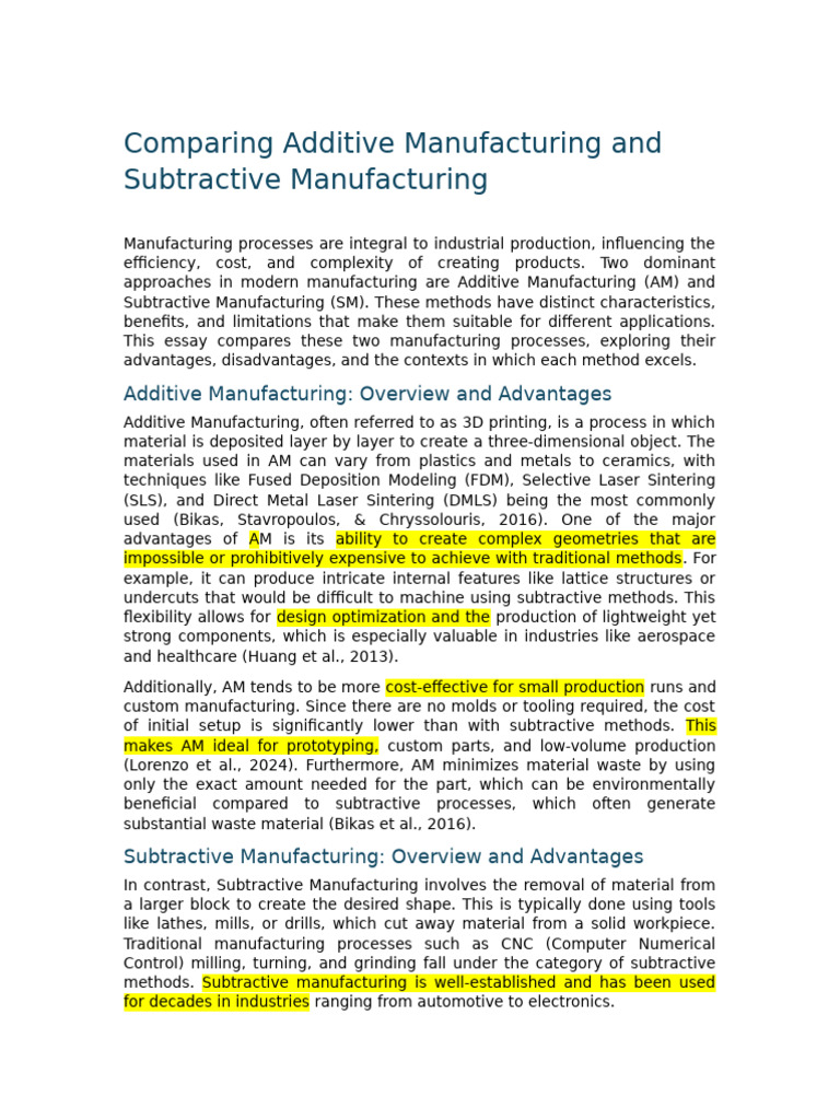 Comparing Additive Manufacturing and Subtractive Manufacturing | PDF ...