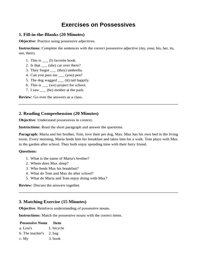 Possessive Exercises Guide | PDF | Noun | Adjective