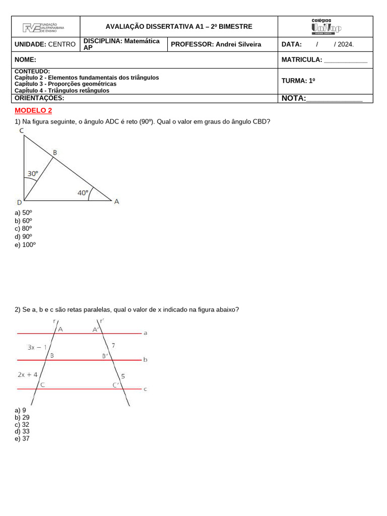 Prova A1 - Matemática AP - 1o ano - Modelo 2 - 2o bimestre | PDF