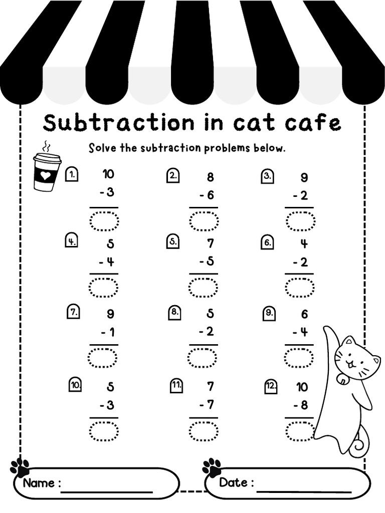 Subtraction in Cat Cafe: Solve The Subtraction Problems Below | PDF