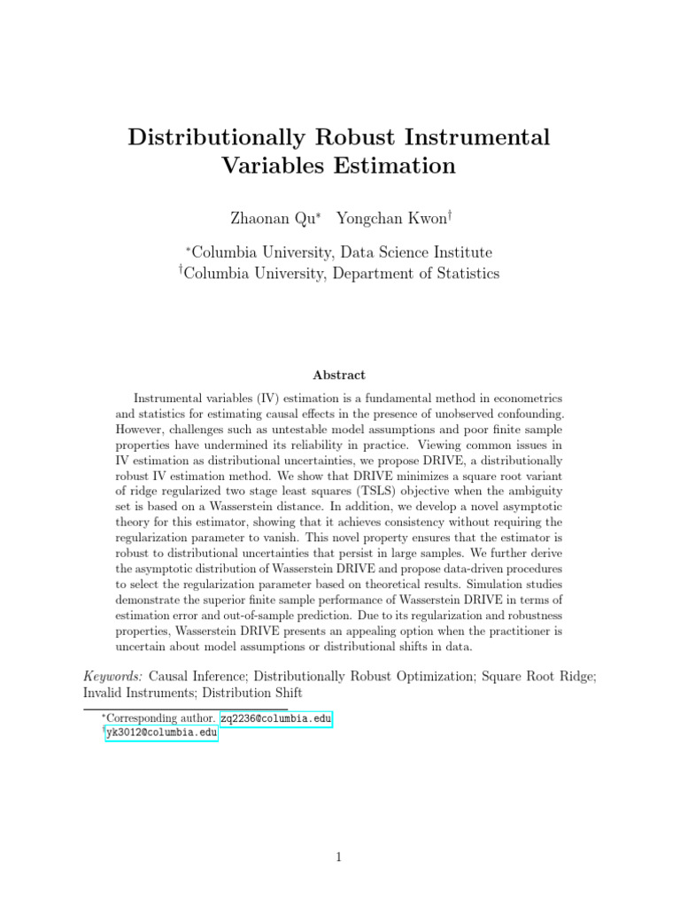 Distributionally Robust Instrumental Variables Estimation | PDF | Ordinary Least Squares | Estimator