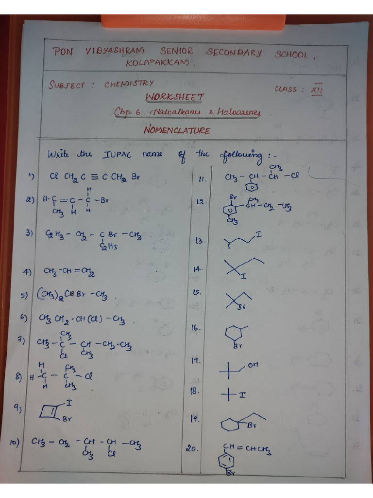 Chem XII Worksheet-1 Nomenclature (1) | PDF Chem XII Worksheet-1 Nomenclature (1) | PDF