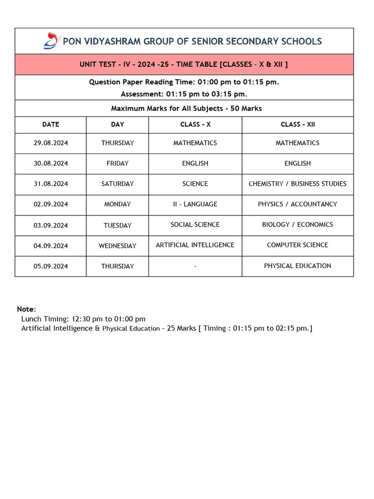 Class - X & XII Unit Test - IV Time Table - 2024 - 25 | PDF