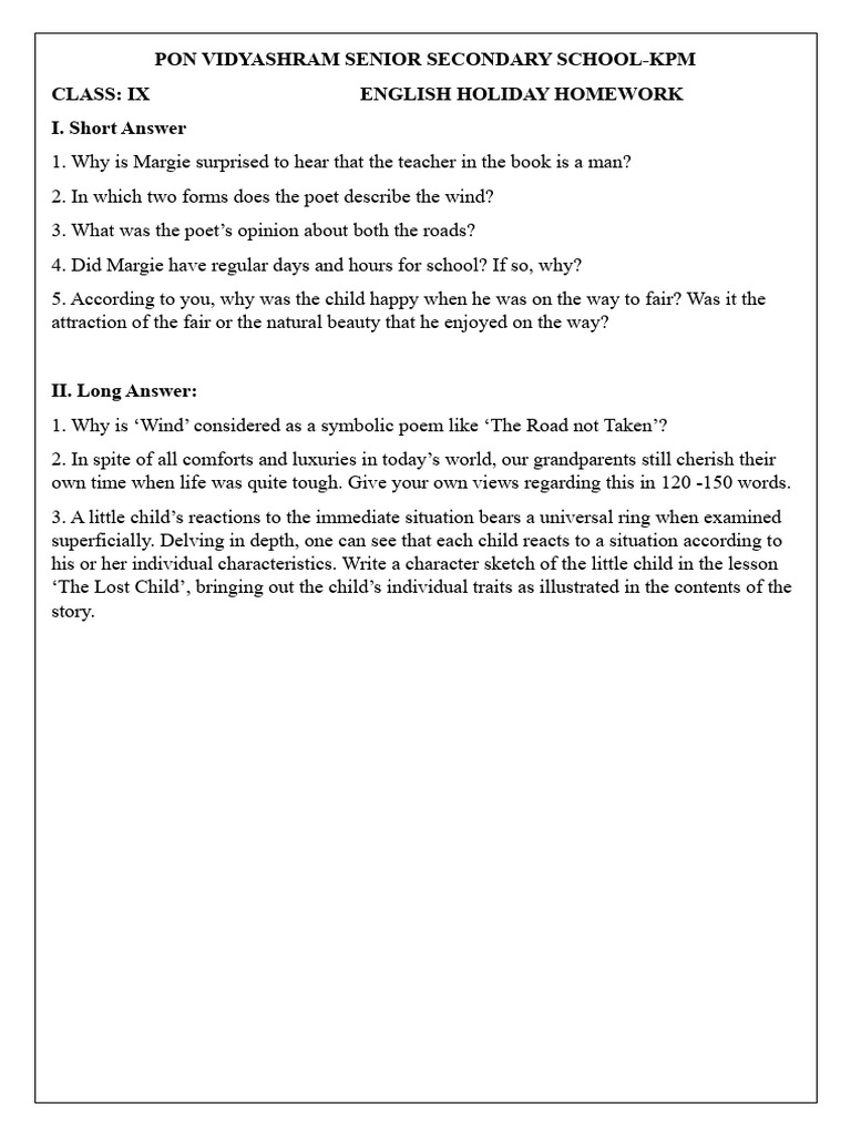 Class IX English Holiday Homework Guide | PDF