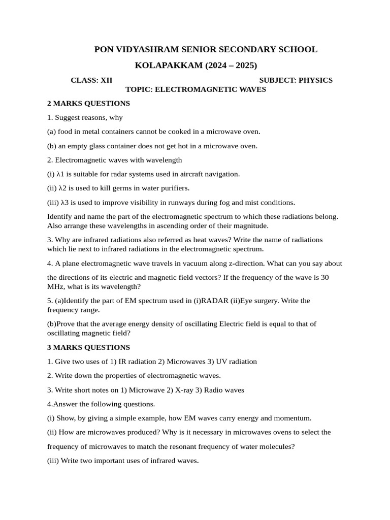Em Waves Worksheet | PDF | Electromagnetic Radiation | Electromagnetic ...