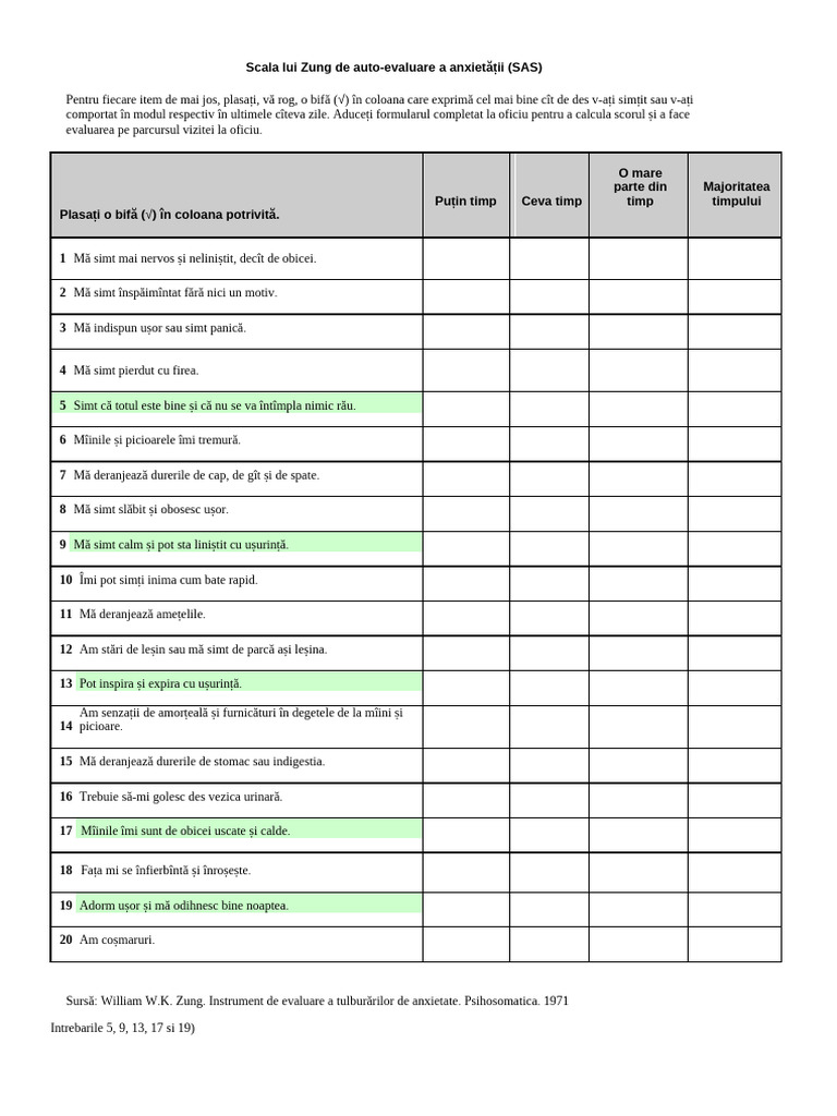 ZUNG Anxiety Scale RO | PDF