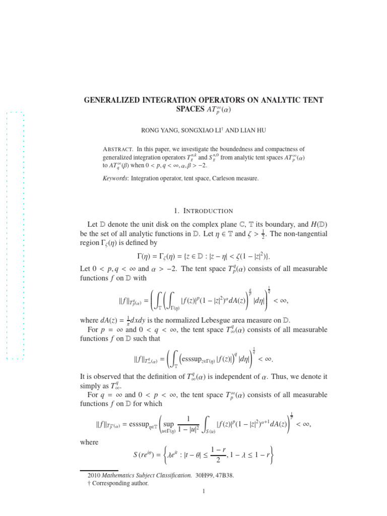 Generalized integration operators on Analytic Tent spaces AT∞p (α) | PDF | Compact Space ...
