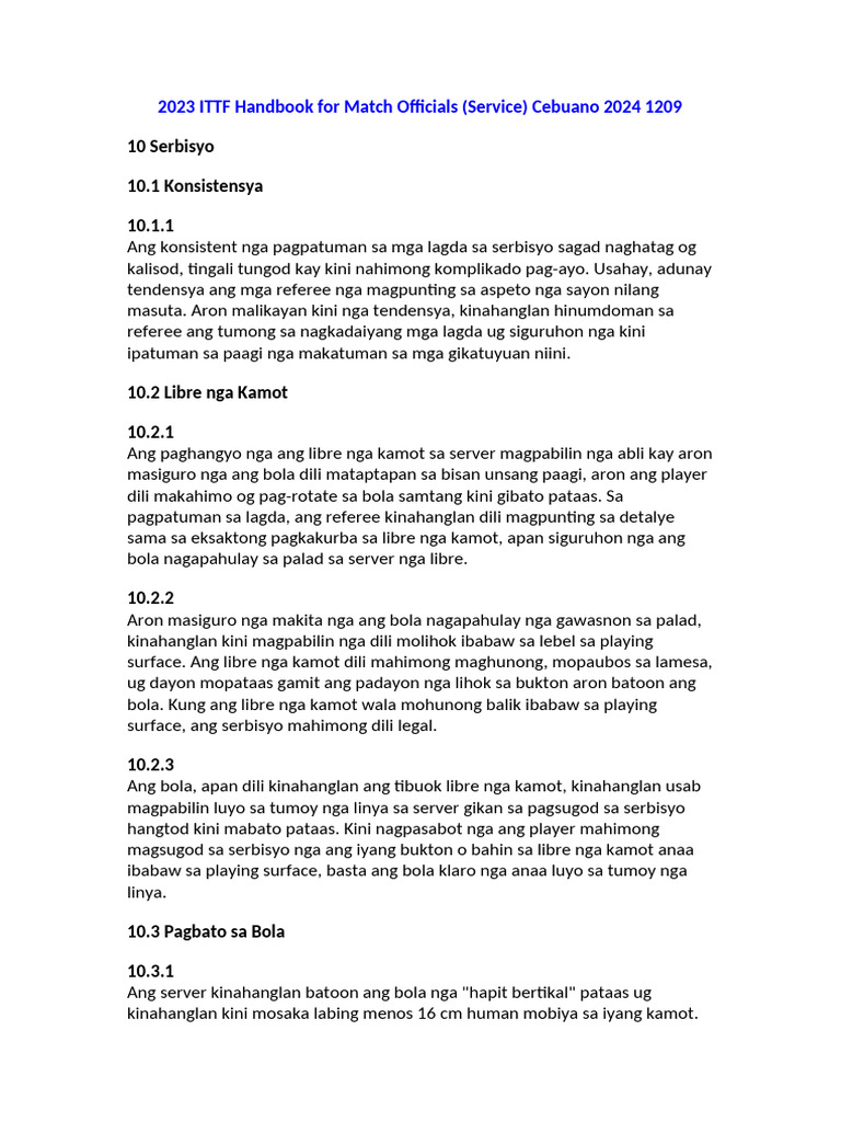 2023 ITTF Handbook For Match Officials (Service) Cebuano 2024 1209 | PDF