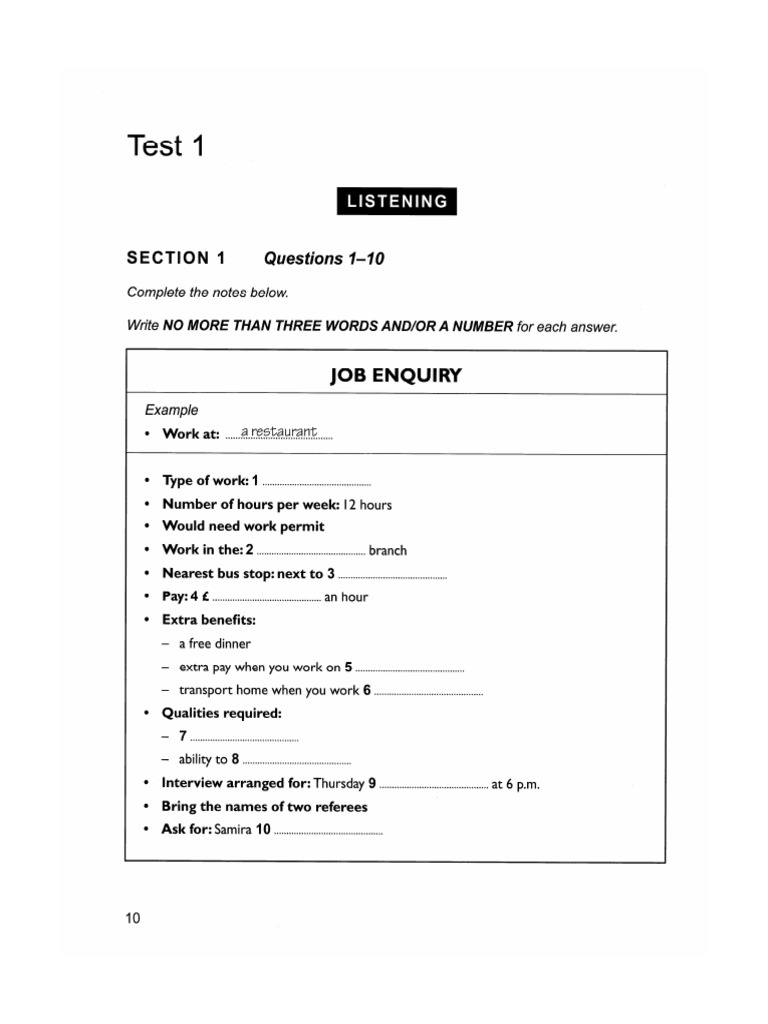 Test 1 Section 1 IELTS 9 | PDF