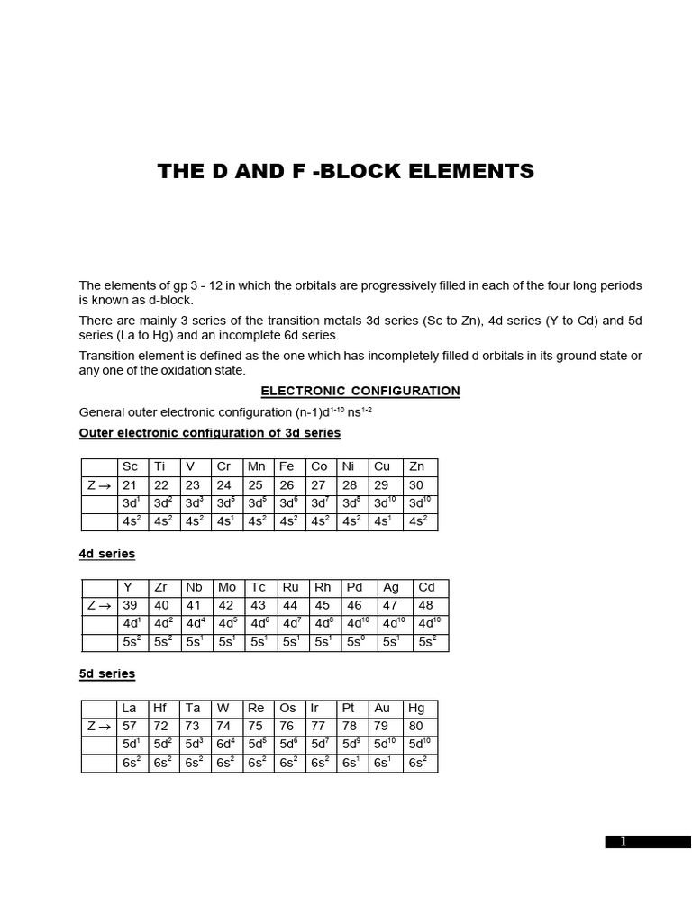 D and F Block Elements Overview | PDF | Lanthanide | Transition Metals
