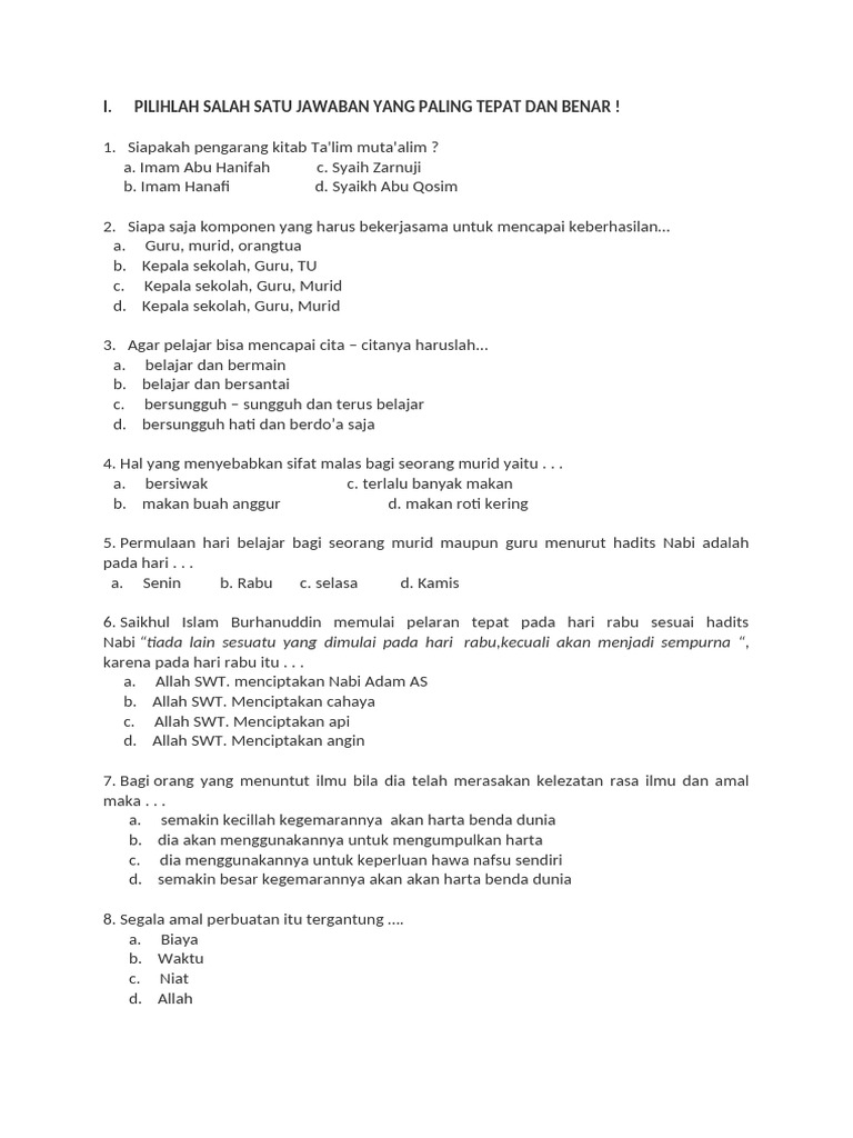 Soal Adab Ta'lim Al Mutallim | PDF