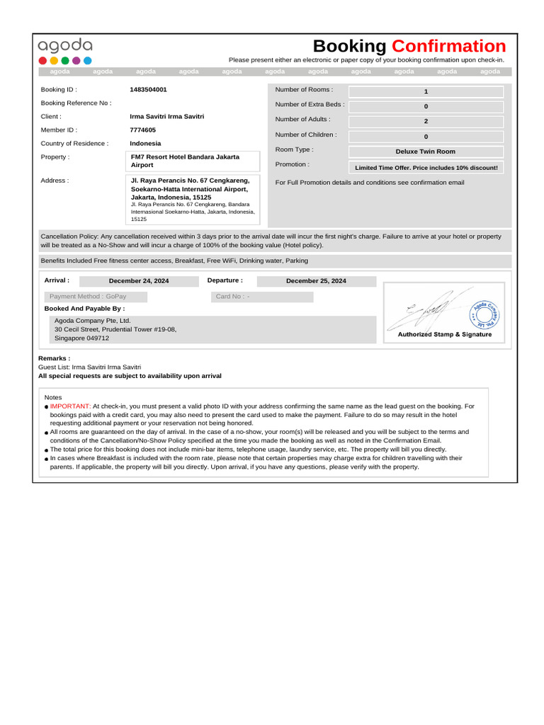 Confirmation on hotel | PDF