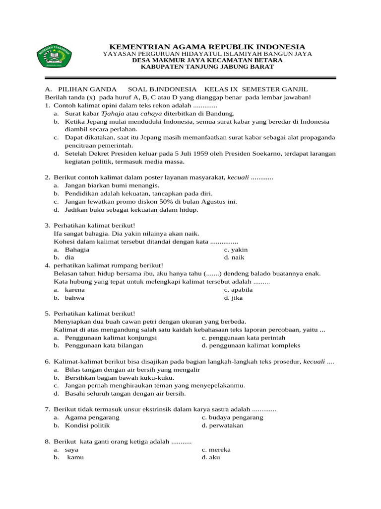 B.indo Kls IX - 1 2024 | PDF