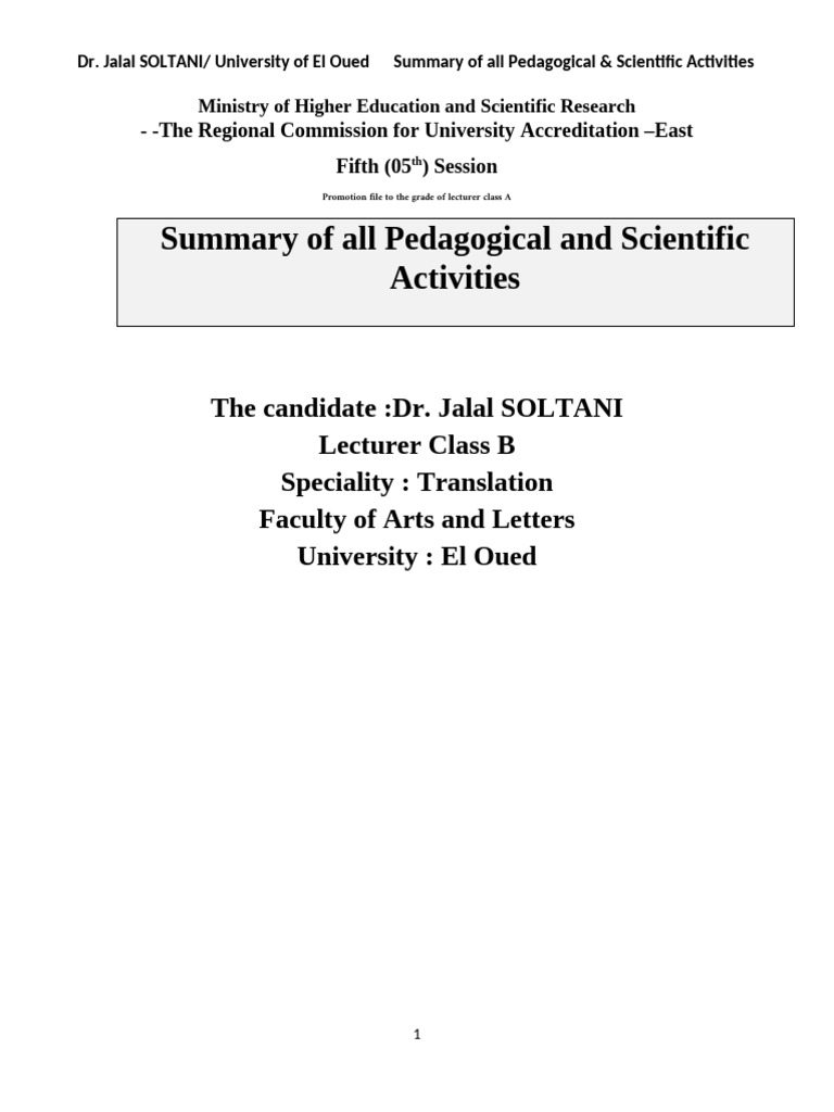 Summary of All Pedagogical and Scientific Activities | PDF | University ...