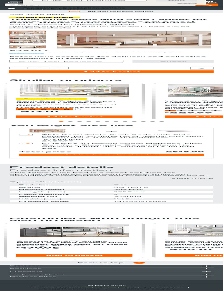 Triple Bunk Beds With Side Ladder For Children and Teens, Cot Bed, Safety Rails, White ...