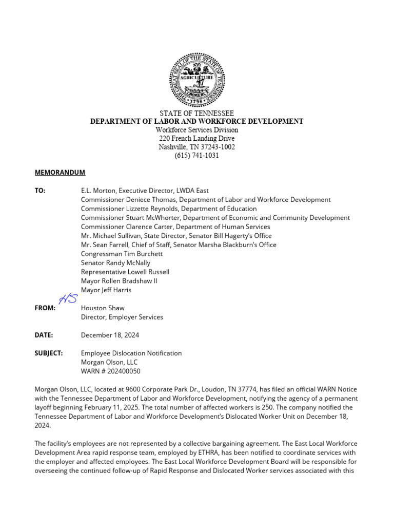 Morgan Olson LLC WARN Notice | PDF | Business | Industrial Relations