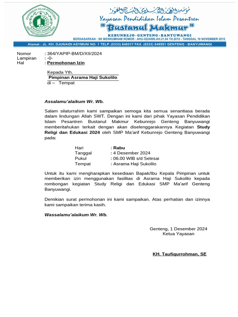 Surat Izin Study Tour | PDF