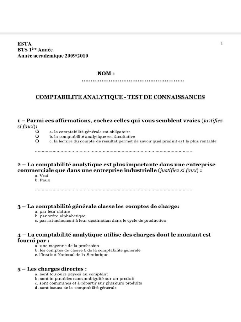 QCM Compta Analytique 1 | PDF