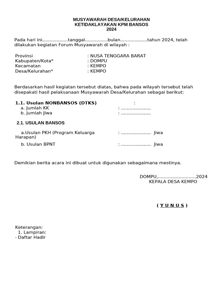 Contoh Berita Acara Musdes DTKS-1 | PDF