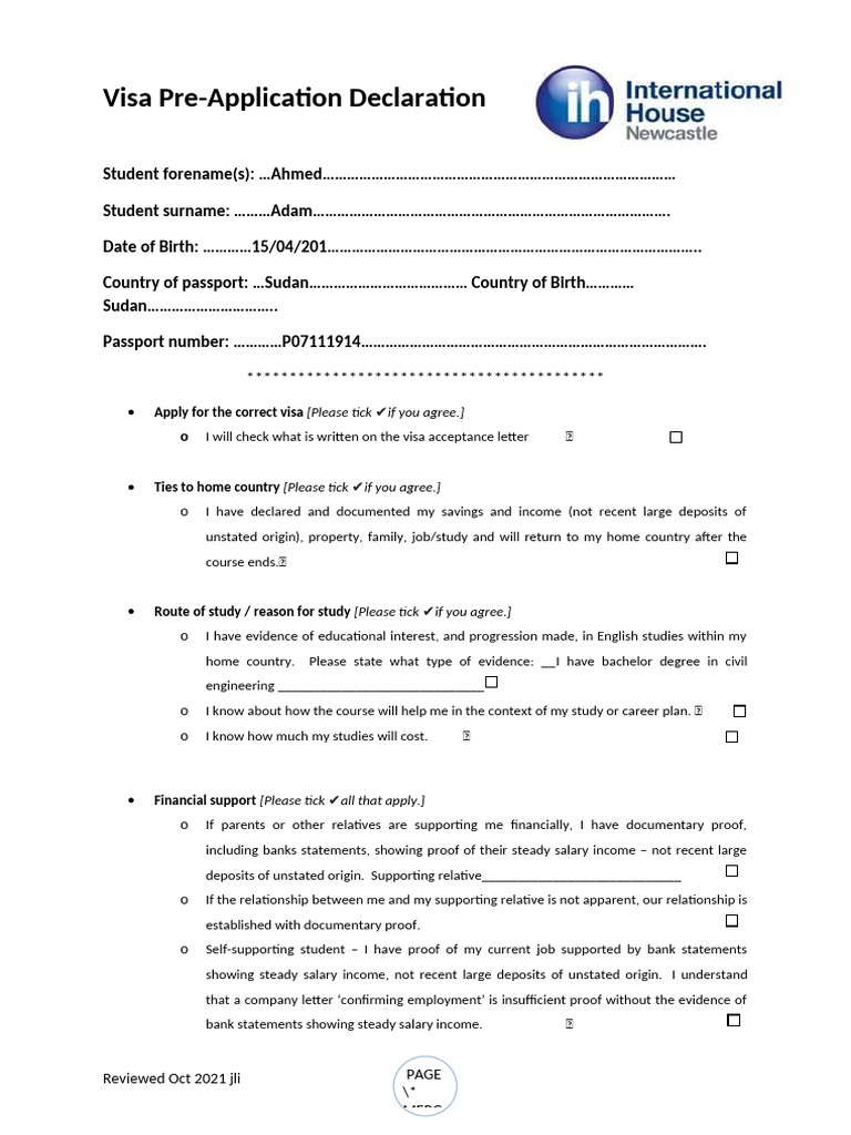 Visa Pre-Application Declaration | PDF | Travel Visa | Human Migration