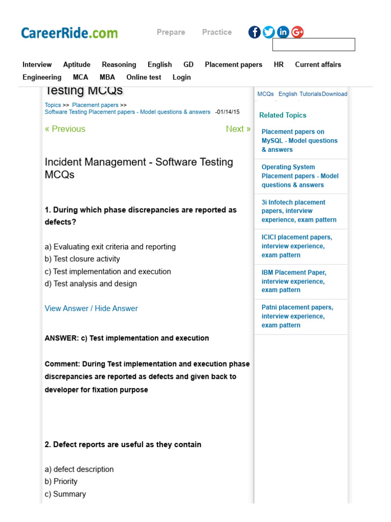 Incident Management - Software Testing MCQs | PDF | Software Testing ...