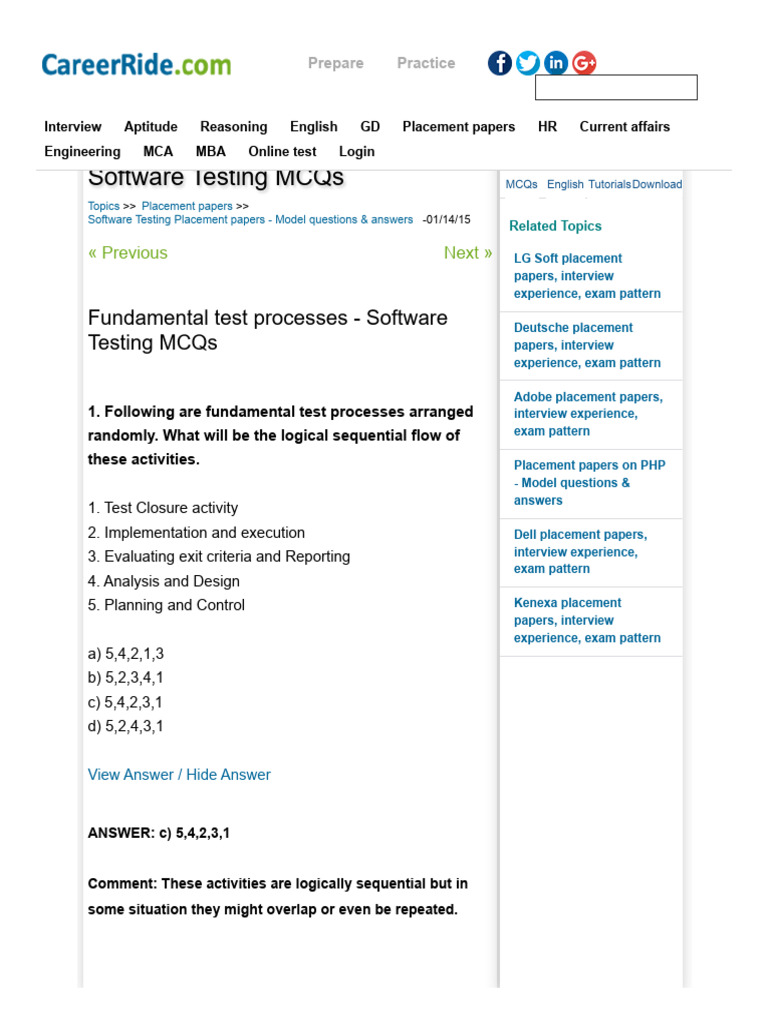 Fundamental Test Processes Software Testing Mcqs Pdf