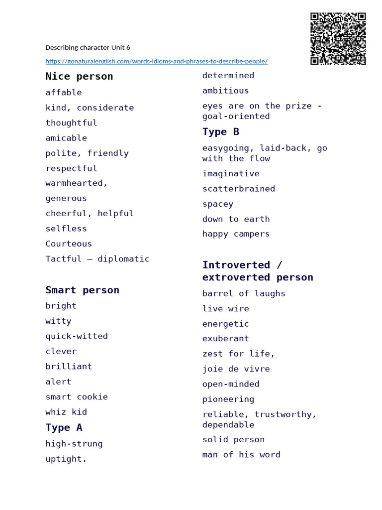 Describing character Unit 6 | PDF