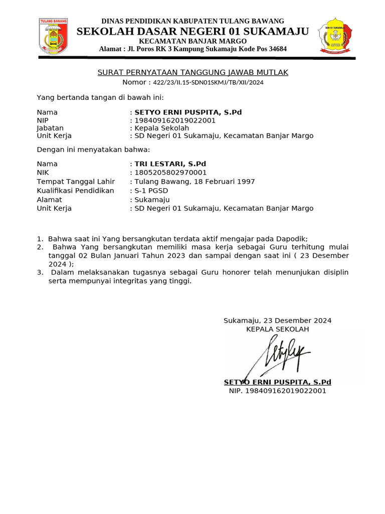SPTJM Kepala Sekolah | PDF