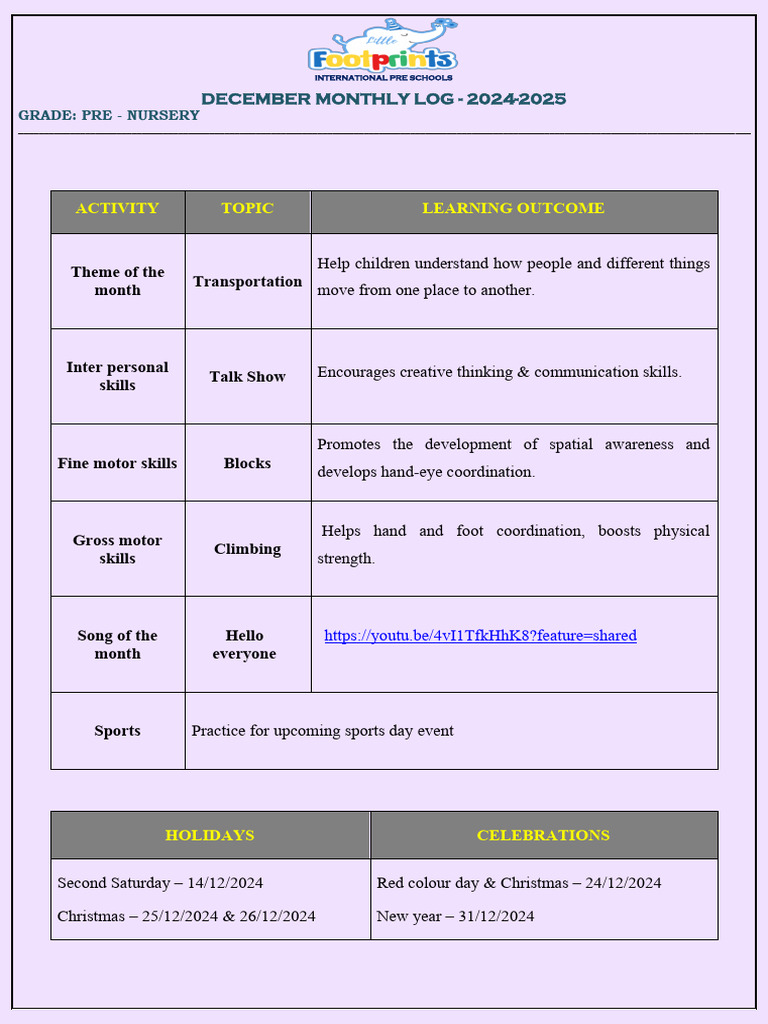 December 2024 Pre-Nursery Activities Log | PDF