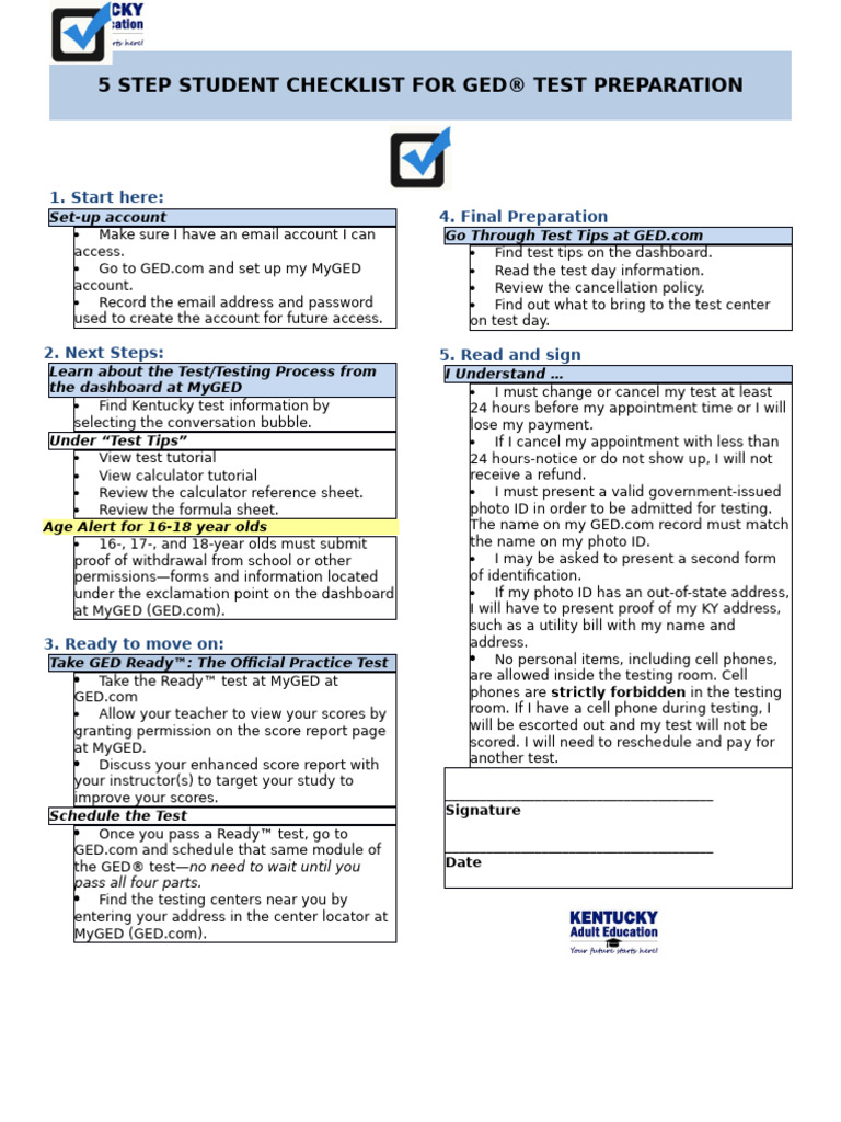 5 Step Student Checklist FOR GED | PDF