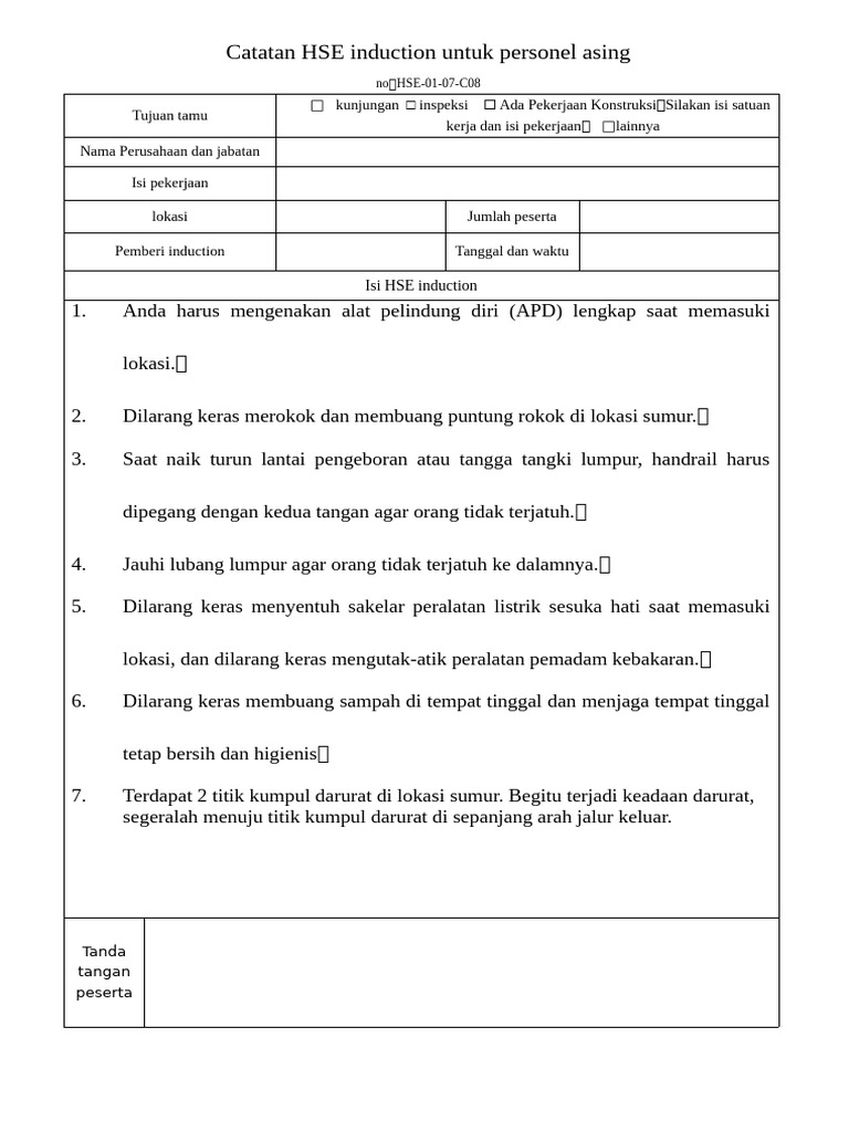 Catatan HSE Induction Untuk Personel Asing | PDF