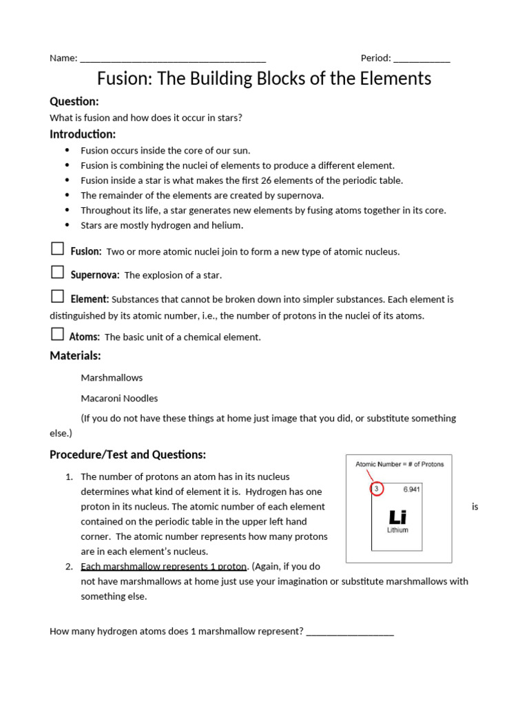 At Home Fusion Assignment | PDF | Chemical Elements | Atoms