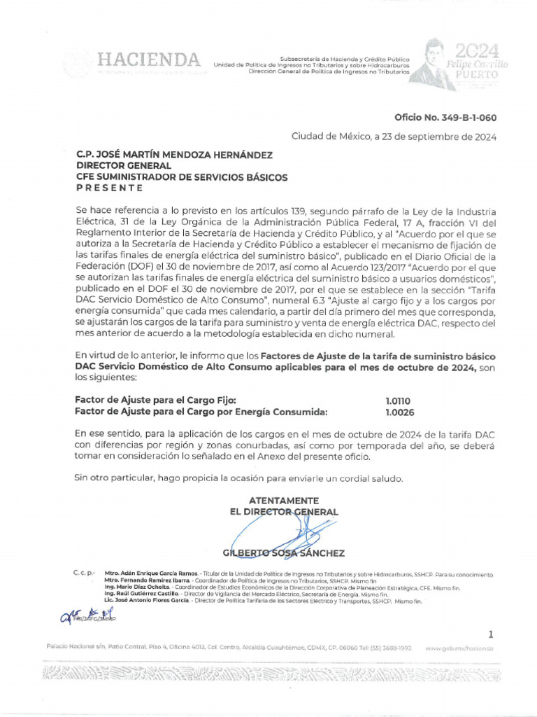 Oficio SHCP 349 B 1 060 Tarifa DAC Octubre 2024 | PDF