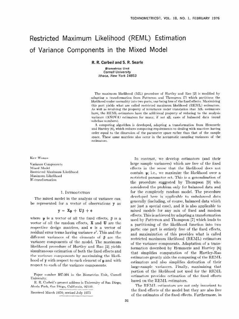 Restricted Maximum Likelihood Reml Estimation Of Variance Components In The Mixed Model Pdf
