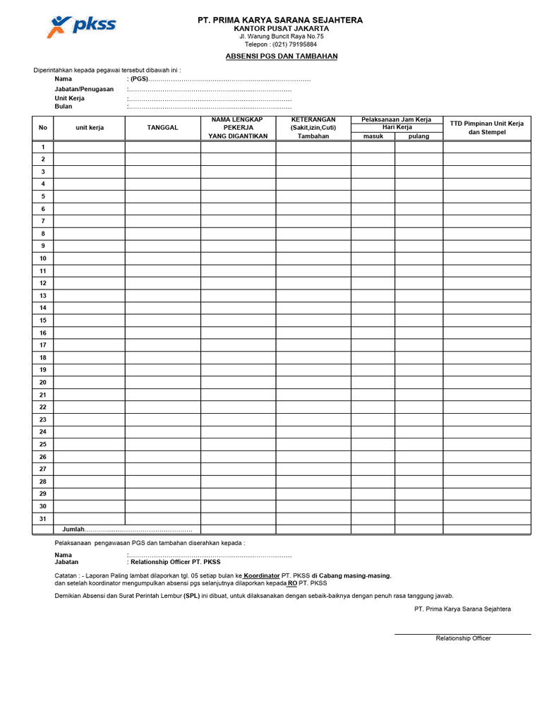 Form Absensi SPL - PKSS - PGS | PDF