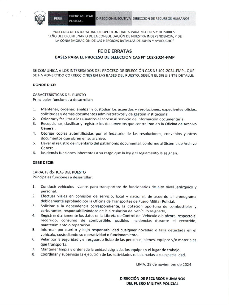 Fe de Erratas Proceso Cas 102 2024 FMP | PDF