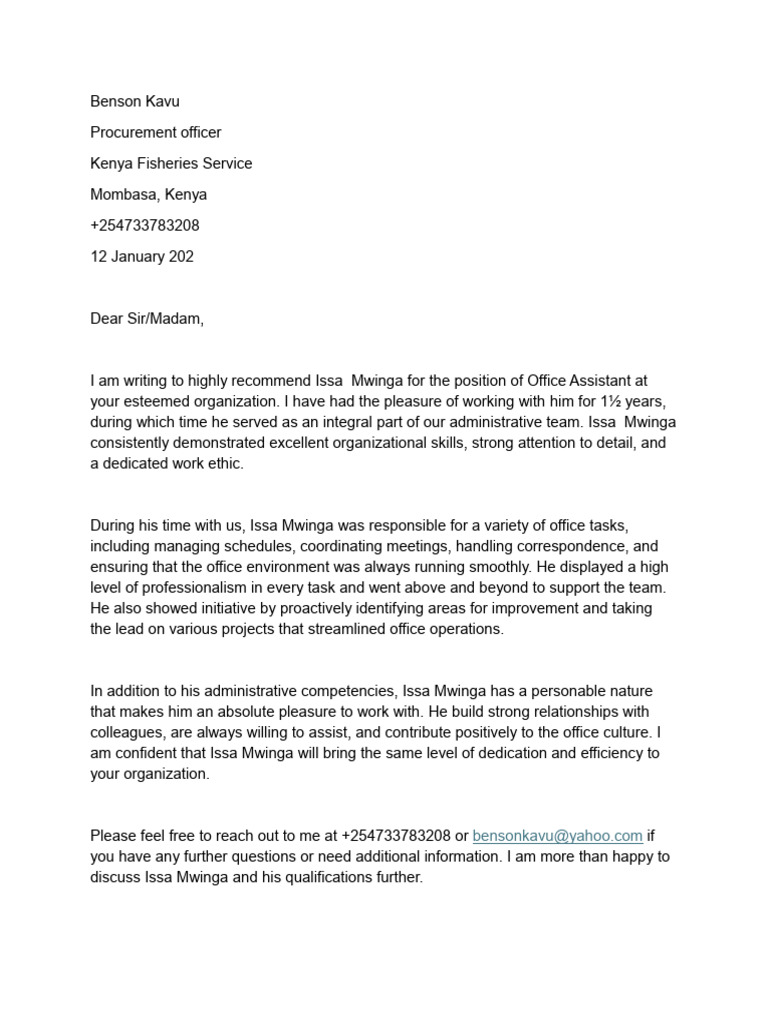 Issa Mwinga Kavu Recommendations Office Assistant | PDF