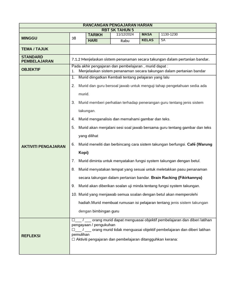 RPH Ringkas Minggu 34 RBT THN 5 2024 by Cikgu Gorgeous | PDF