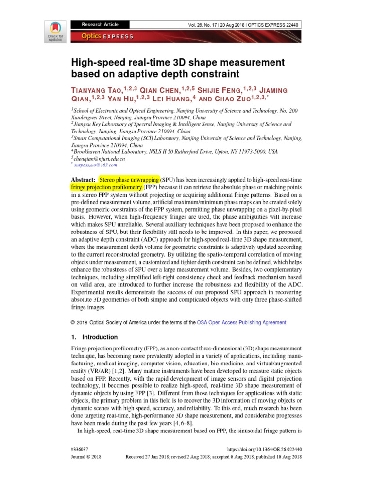 High-Speed Real-Time 3D Shape Measurement Based On | PDF